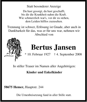 Traueranzeigen von Bertus Jansen | Trauer-in-NRW.de