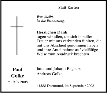 Traueranzeigen von Paul Golke | Trauer-in-NRW.de