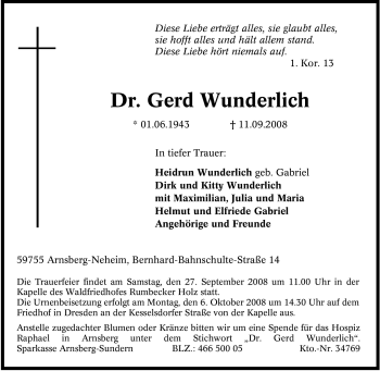 Traueranzeigen von Gerd Wunderlich | Trauer-in-NRW.de