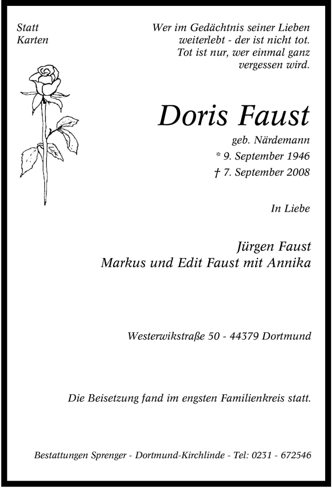 Traueranzeigen von Doris Faust | Trauer-in-NRW.de