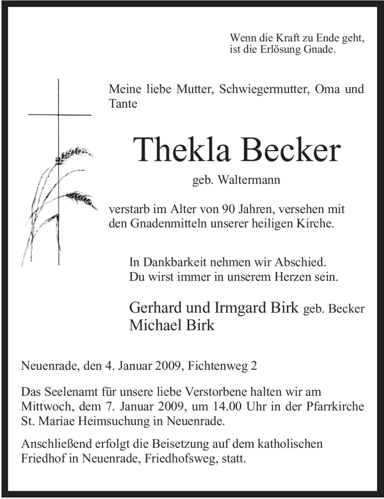 Traueranzeigen von Thekla Becker | Trauer-in-NRW.de