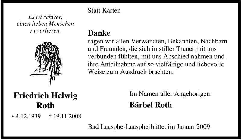 Traueranzeigen von Friedrich Helwig Roth | Trauer-in-NRW.de