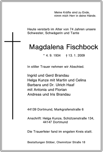 Traueranzeigen von Magdalena Fischbock | Trauer-in-NRW.de