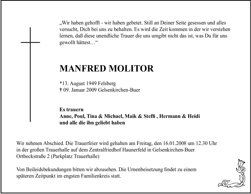 Traueranzeigen von Manfred Molitor | Trauer-in-NRW.de
