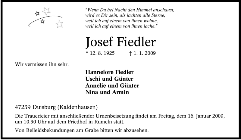 Traueranzeigen von Josef Fiedler | Trauer-in-NRW.de