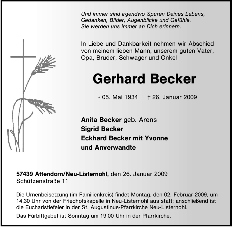 Traueranzeigen von Gerhard Becker | Trauer-in-NRW.de