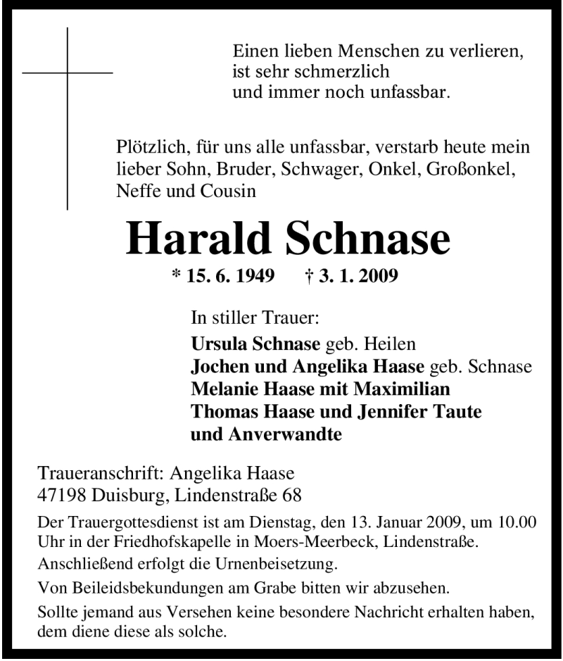 Traueranzeigen von Harald Schnase | Trauer-in-NRW.de