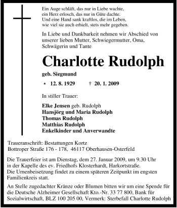 Traueranzeigen von Charlotte Rudolph | Trauer-in-NRW.de
