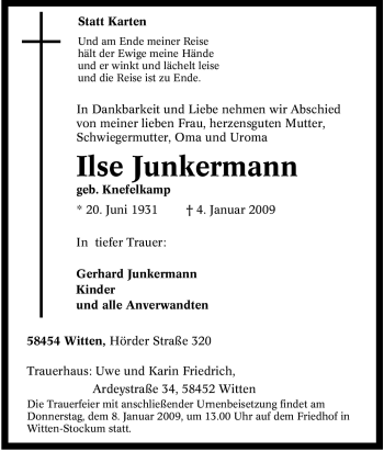 Traueranzeigen von Ilse Junkermann | Trauer-in-NRW.de