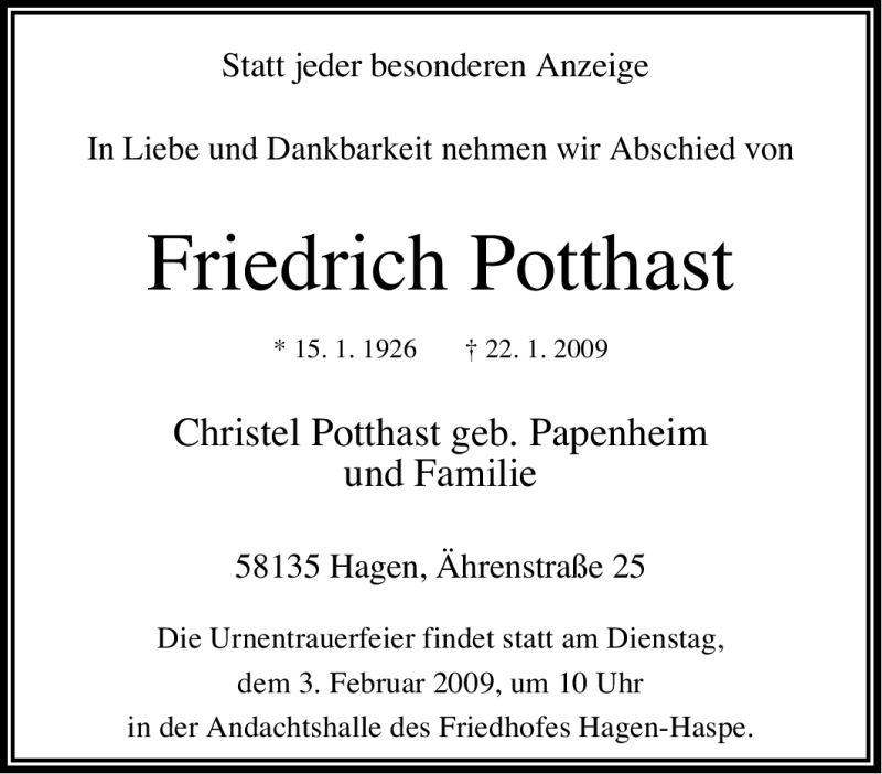Traueranzeigen von Friedrich Potthast | Trauer-in-NRW.de