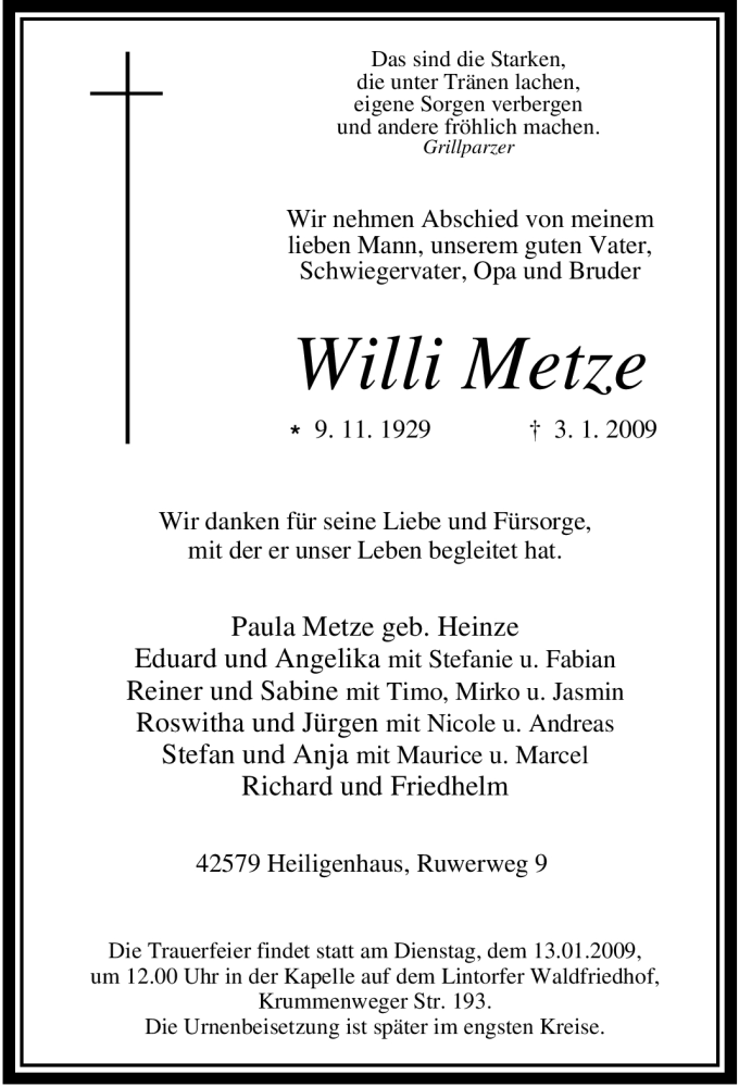Traueranzeigen von Willi Metze | Trauer-in-NRW.de