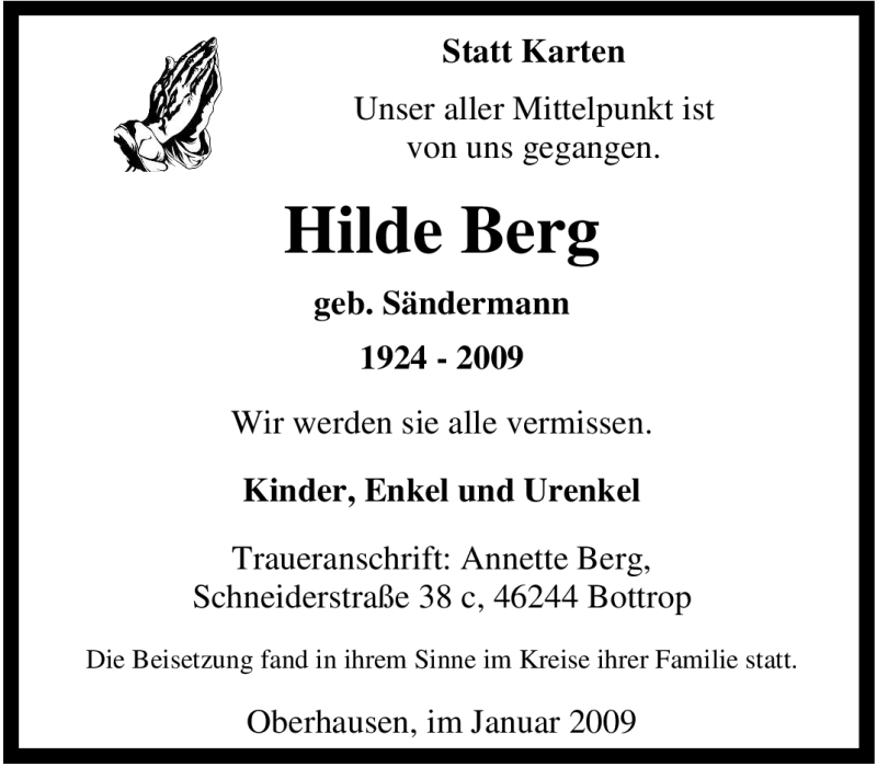 Traueranzeigen von Hilde Berg | Trauer-in-NRW.de