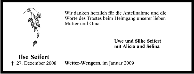 Traueranzeigen von Ilse Seifert | Trauer-in-NRW.de
