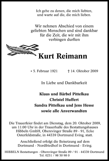 Traueranzeigen von Kurt Reimann | Trauer-in-NRW.de