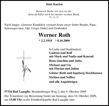 Traueranzeigen von Werner Roth | Trauer-in-NRW.de