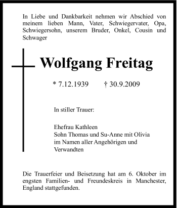 Traueranzeigen von Wolfgang Freitag | Trauer-in-NRW.de