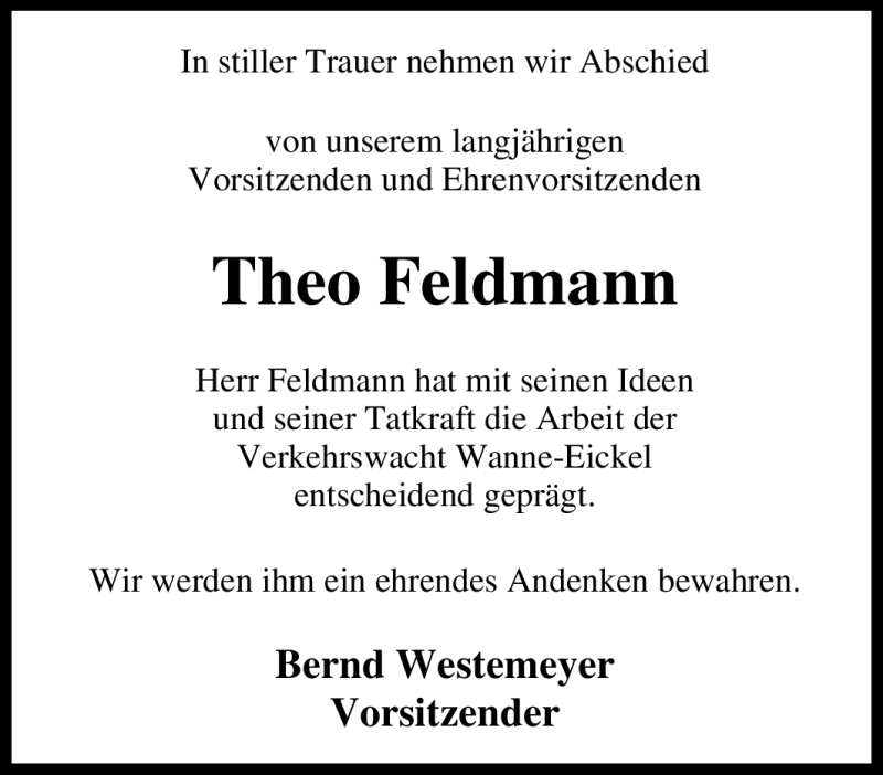 Traueranzeigen von Theo Feldmann | Trauer-in-NRW.de