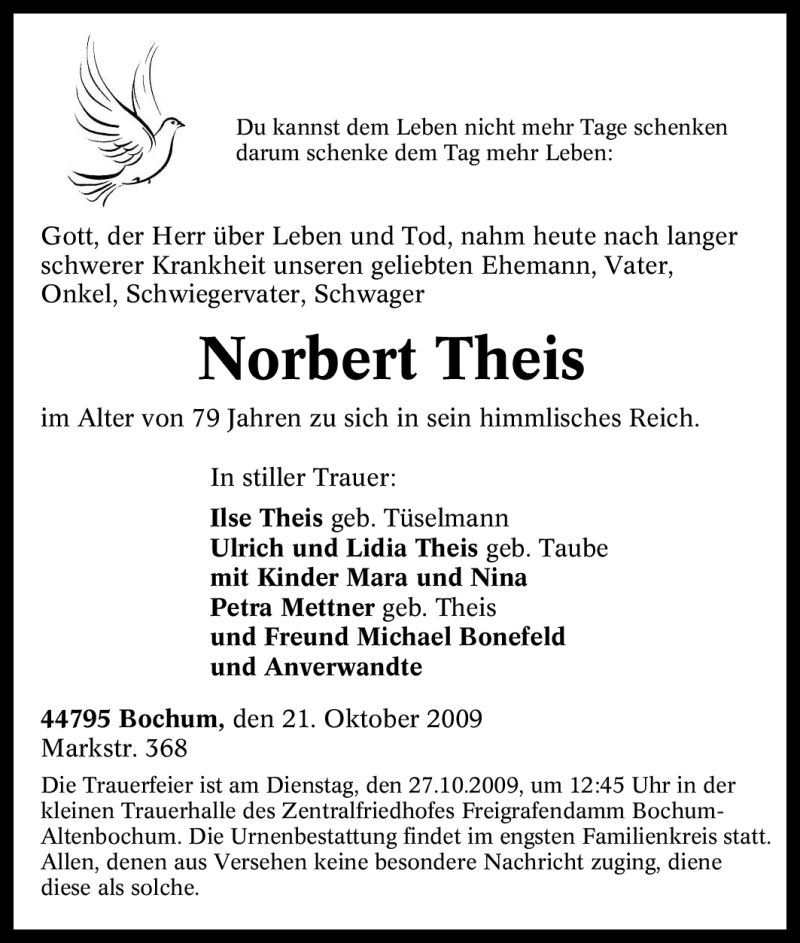 Traueranzeigen von Norbert Theis | Trauer-in-NRW.de