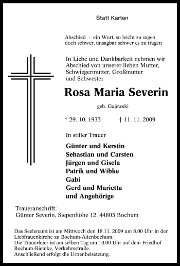 Traueranzeigen von Rosa Maria Severin | Trauer-in-NRW.de