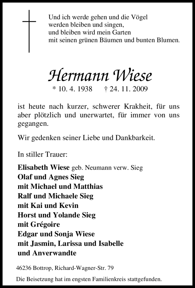 Traueranzeigen von Hermann Wiese | Trauer-in-NRW.de
