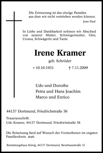 Traueranzeigen von Irene Kramer | Trauer-in-NRW.de