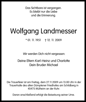 Traueranzeigen von Wolfgang Landmesser | Trauer-in-NRW.de