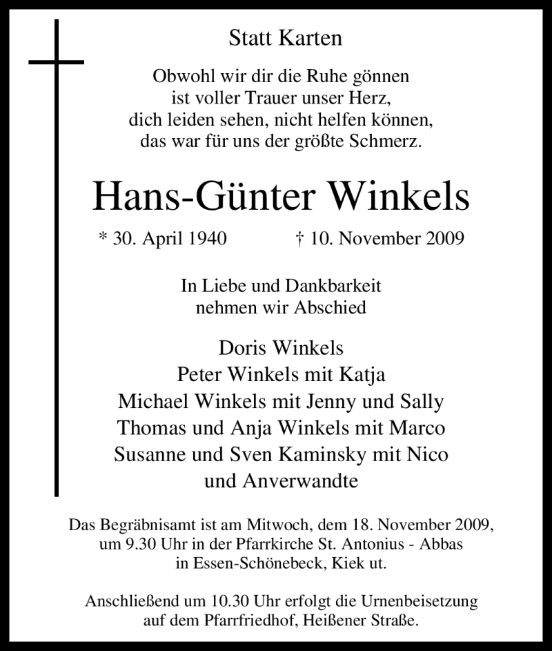 Traueranzeigen von Hans-Günter Winkels | Trauer-in-NRW.de