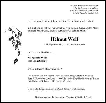 Traueranzeigen von Helmut Wolf | Trauer-in-NRW.de