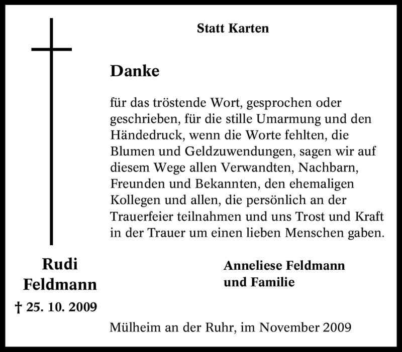 Traueranzeigen von Rudi Feldmann | Trauer-in-NRW.de