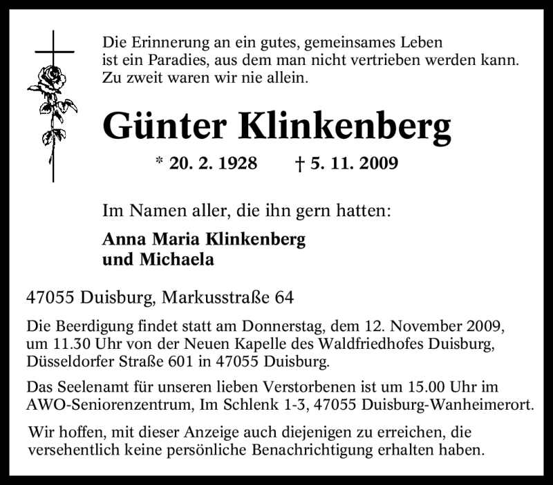 Traueranzeigen von Günter Klinkenberg | Trauer-in-NRW.de