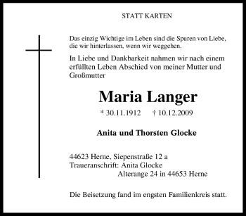 Traueranzeigen von Maria Langer | Trauer-in-NRW.de