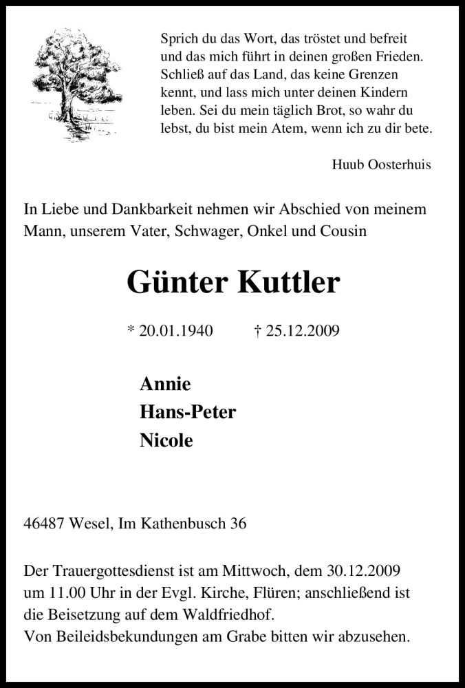 Traueranzeigen von Günter Kuttler | Trauer-in-NRW.de