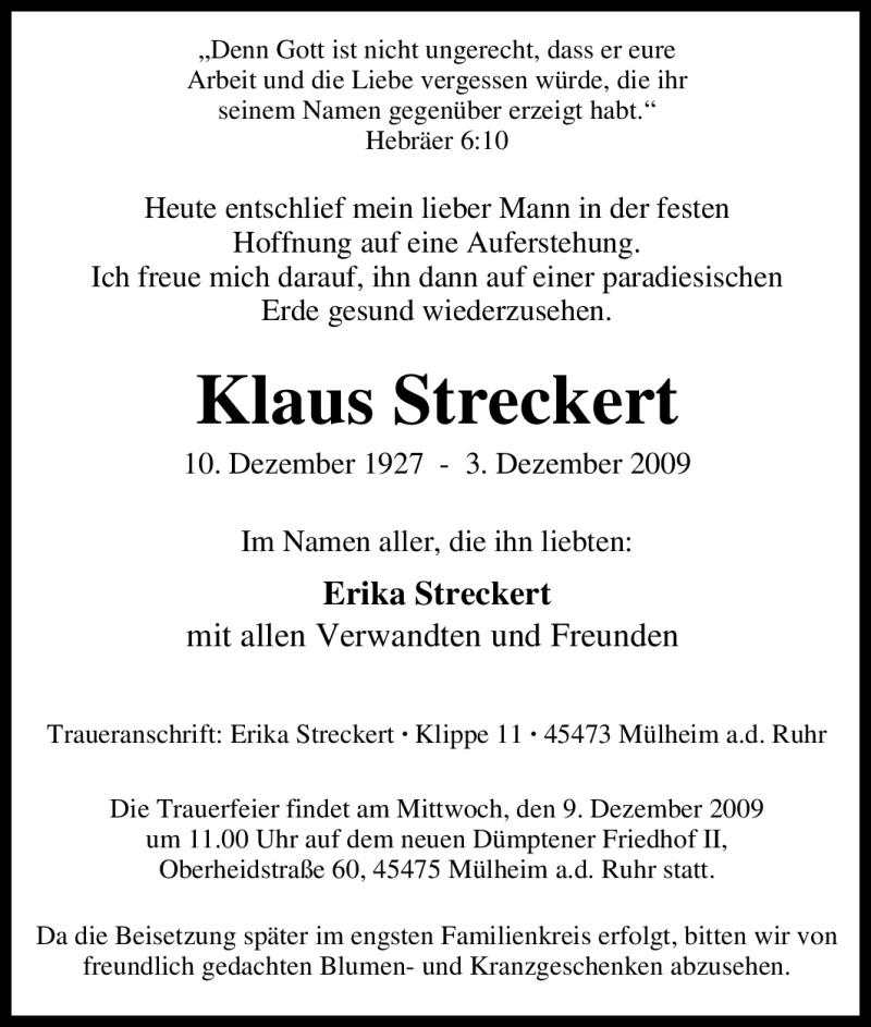 Traueranzeigen von Klaus Streckert | Trauer-in-NRW.de