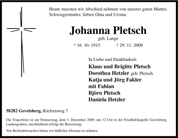Traueranzeigen von Johanna Pletsch | Trauer-in-NRW.de