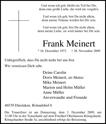 Traueranzeigen von Frank Meinert | Trauer-in-NRW.de
