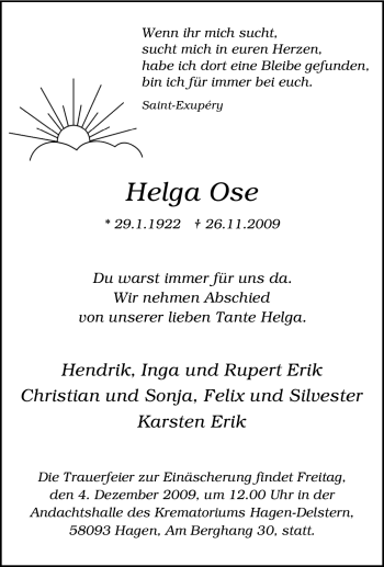 Traueranzeigen von Helga Ose | Trauer-in-NRW.de