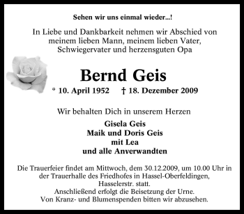Traueranzeigen von Bernd Geis | Trauer-in-NRW.de