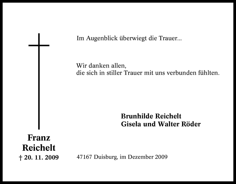 Traueranzeigen von Franz Reichelt | Trauer-in-NRW.de