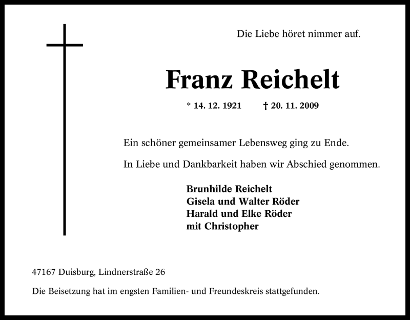 Traueranzeigen von Franz Reichelt | Trauer-in-NRW.de