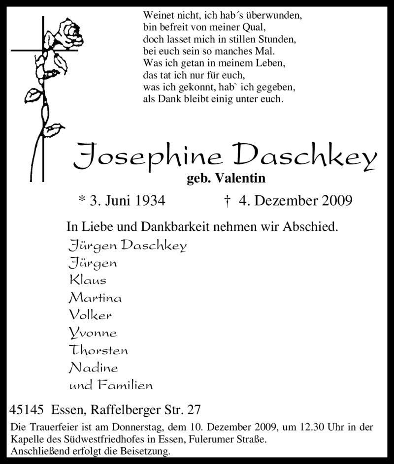 Traueranzeigen von Josephine Daschkey | Trauer-in-NRW.de