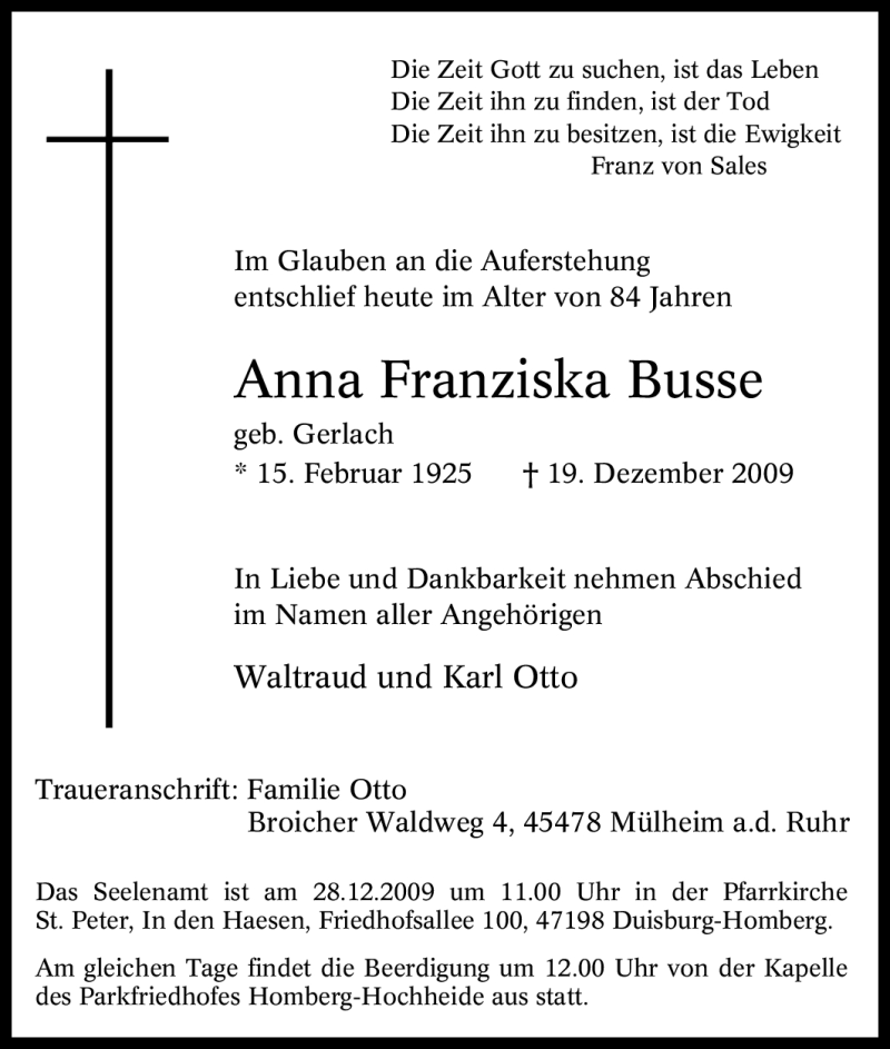 Traueranzeigen von Anna Franziska Busse | Trauer-in-NRW.de