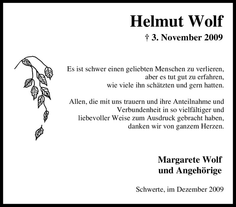 Traueranzeigen von Helmut Wolf | Trauer-in-NRW.de