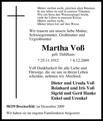 Traueranzeigen von Martha Voß | Trauer-in-NRW.de