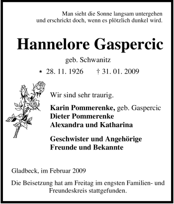 Traueranzeigen von Hannelore Gaspercic | Trauer-in-NRW.de