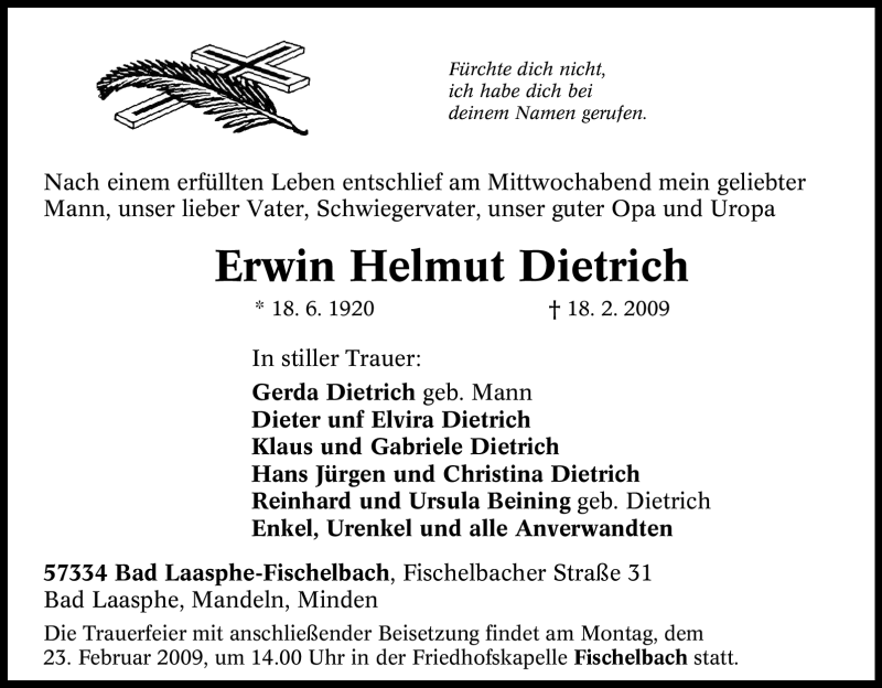 Traueranzeigen von Erwin Helmut Dietrich | Trauer-in-NRW.de
