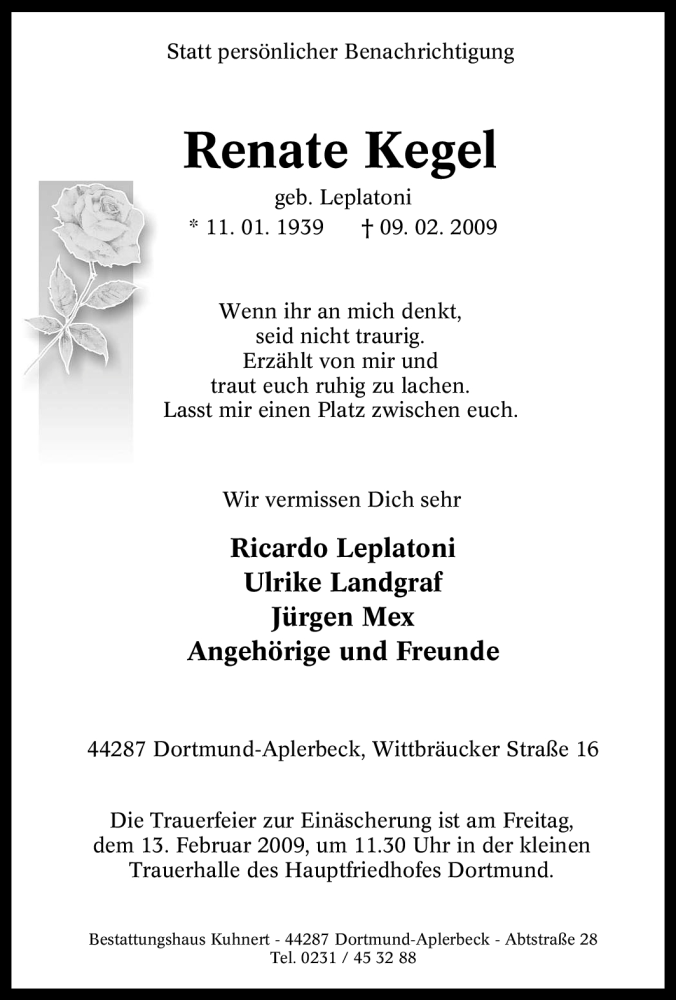 Traueranzeigen von Renate Kegel | Trauer-in-NRW.de