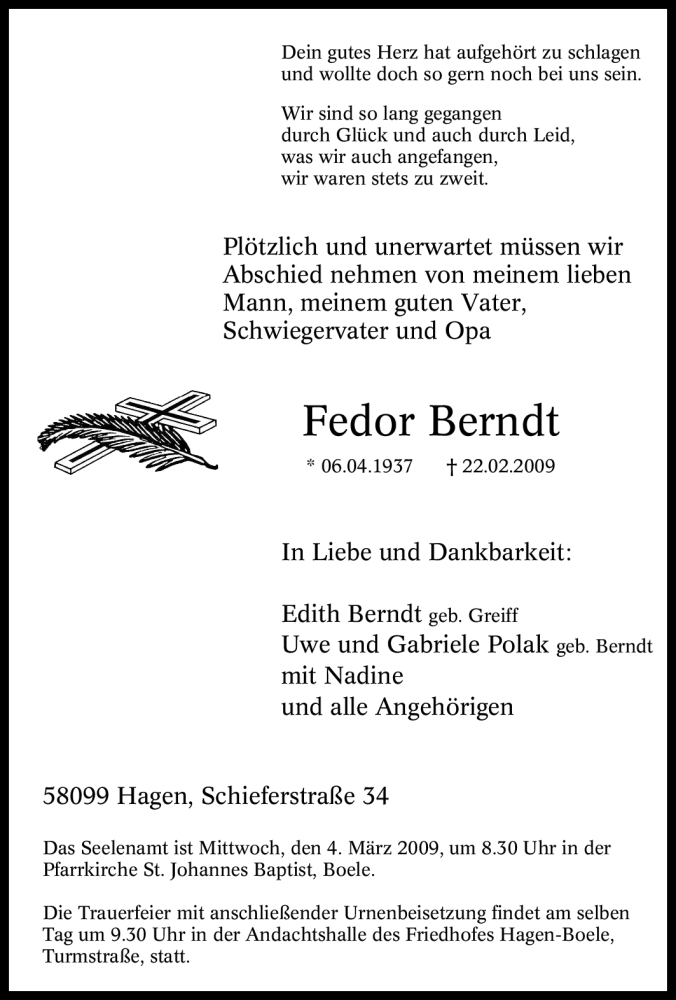 Traueranzeigen von Fedor Berndt | Trauer-in-NRW.de