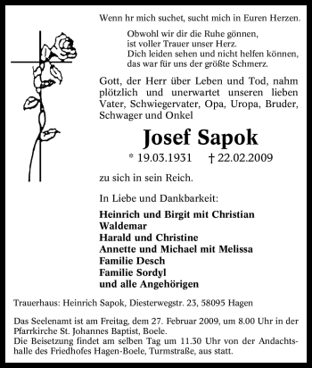 Traueranzeigen von Josef Sapok | Trauer-in-NRW.de