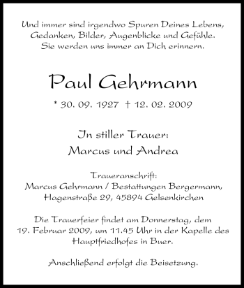 Traueranzeigen von Paul Gehrmann | Trauer-in-NRW.de