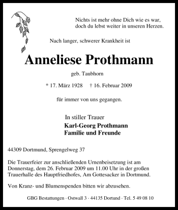 Traueranzeigen von Anneliese Prothmann | Trauer-in-NRW.de